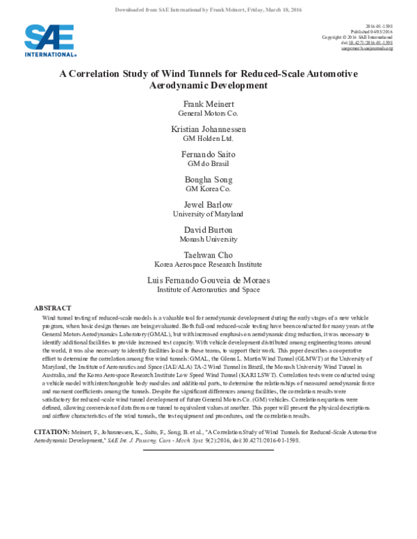(PDF) A Correlation Study of Wind Tunnels for Reduced-Scale Automotive ...
