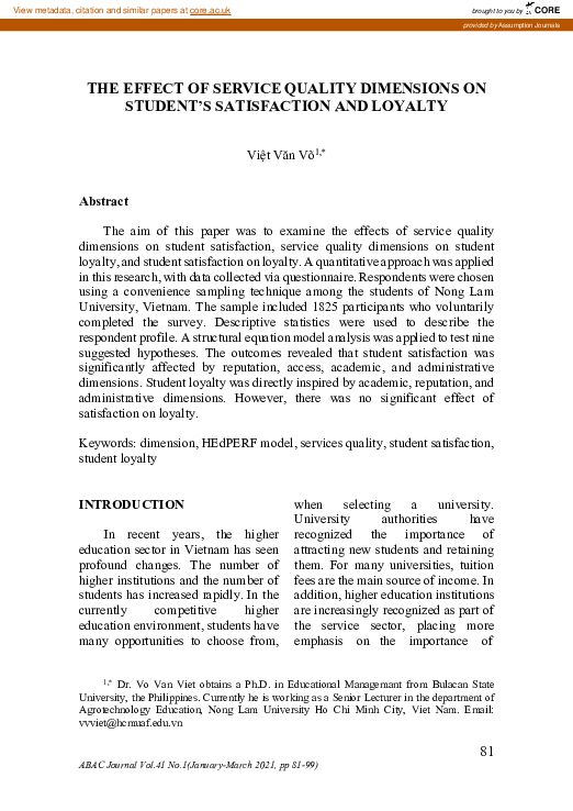 (PDF) The Effect of Service Quality Dimensions on Student’s Satisfaction and Loyalty