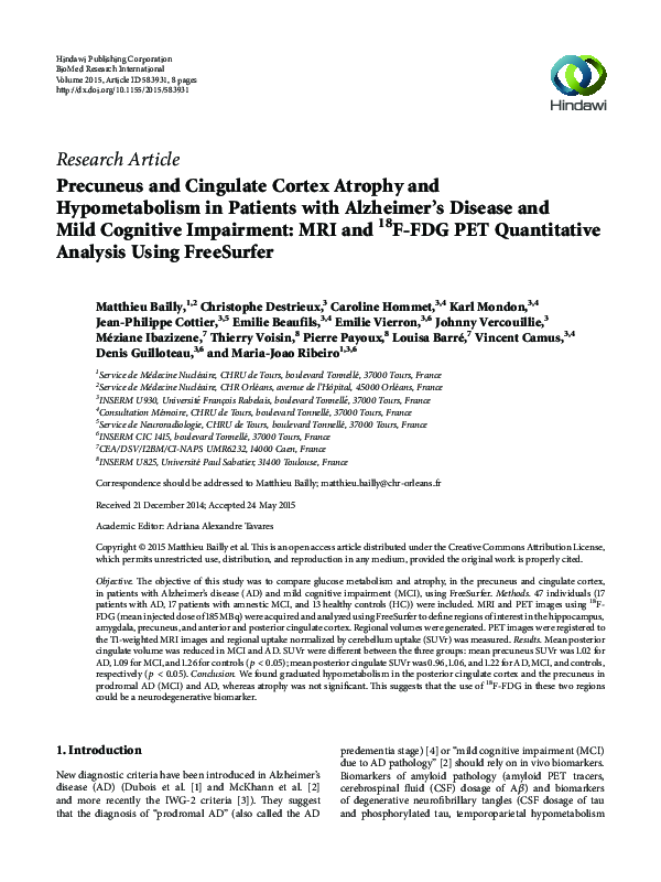 (PDF) Precuneus and Cingulate Cortex Atrophy and Hypometabolism in ...