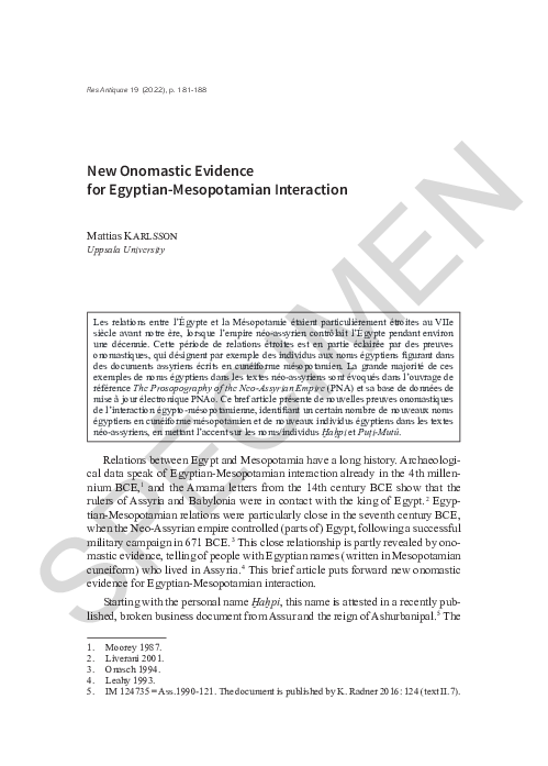 (PDF) New Onomastic Evidence for Egyptian-Mesopotamian Interaction