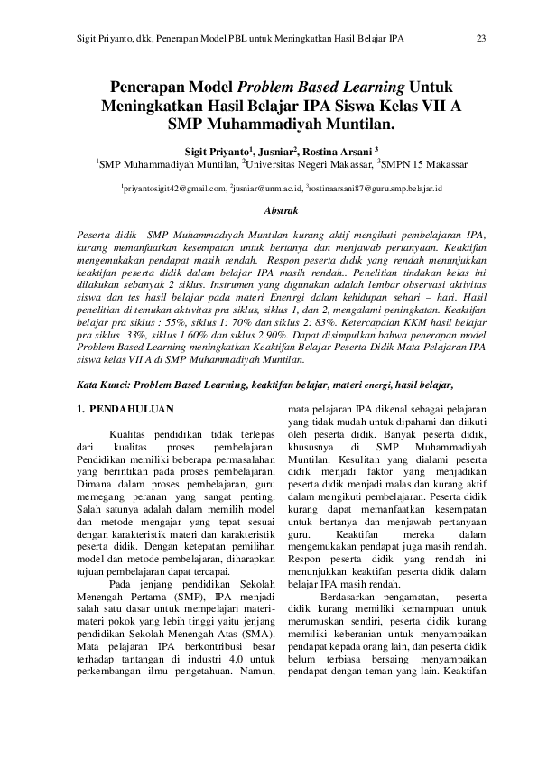 (PDF) Penerapan Model Problem Based Learning Untuk Meningkatkan Hasil Belajar IPA Siswa Kelas ...