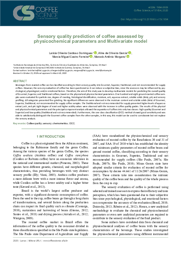 (PDF) Sensory quality prediction of coffee assessed by physicochemical parameters and ...