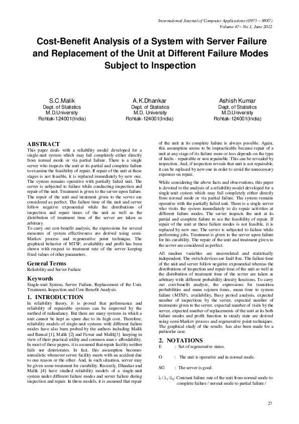 (PDF) Cost-Benefit Analysis of a System with Server Failure and Replacement of the Unit at ...
