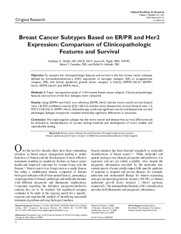 (PDF) Breast Cancer Subtypes Based on ER/PR and Her2 Expression: Comparison of Clinicopathologic ...