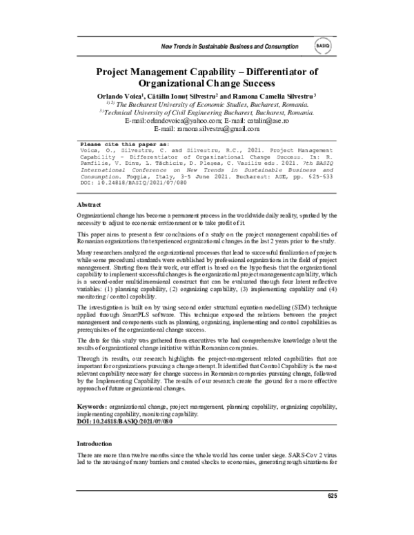 (PDF) Project Management Capability – Differentiator of Organizational Change Success