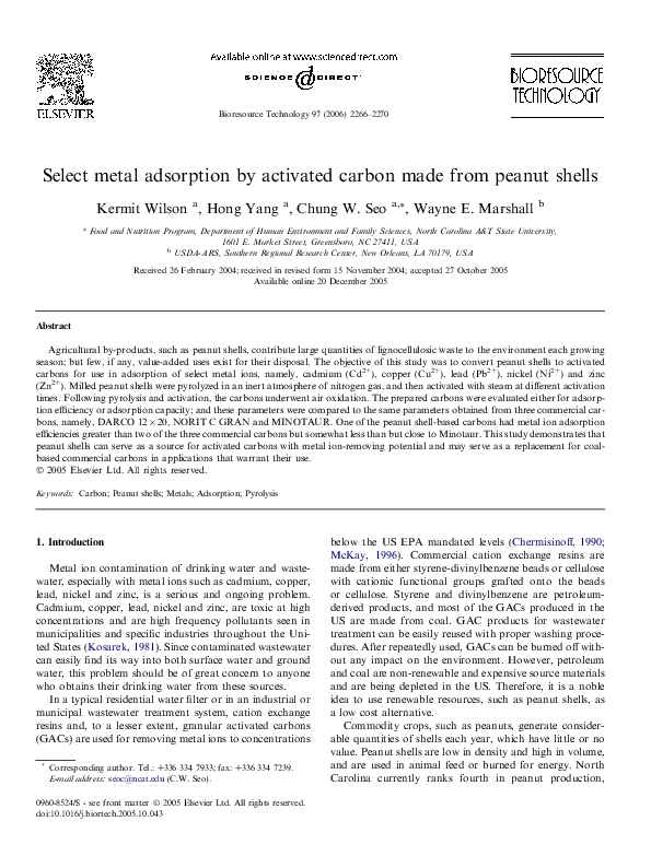 (PDF) Select metal adsorption by activated carbon made from peanut shells