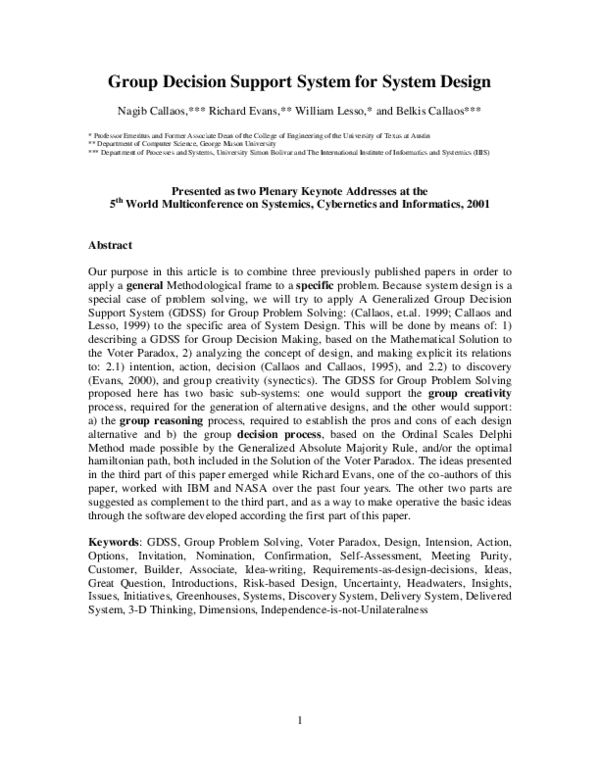 (PDF) Group Decision Support System for System Design | JSCI Systemics, Cybernetics, and ...