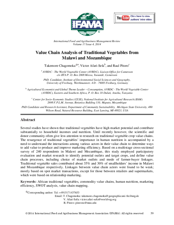 (PDF) Value Chain Analysis of Traditional Vegetables from Malawi and Mozambique