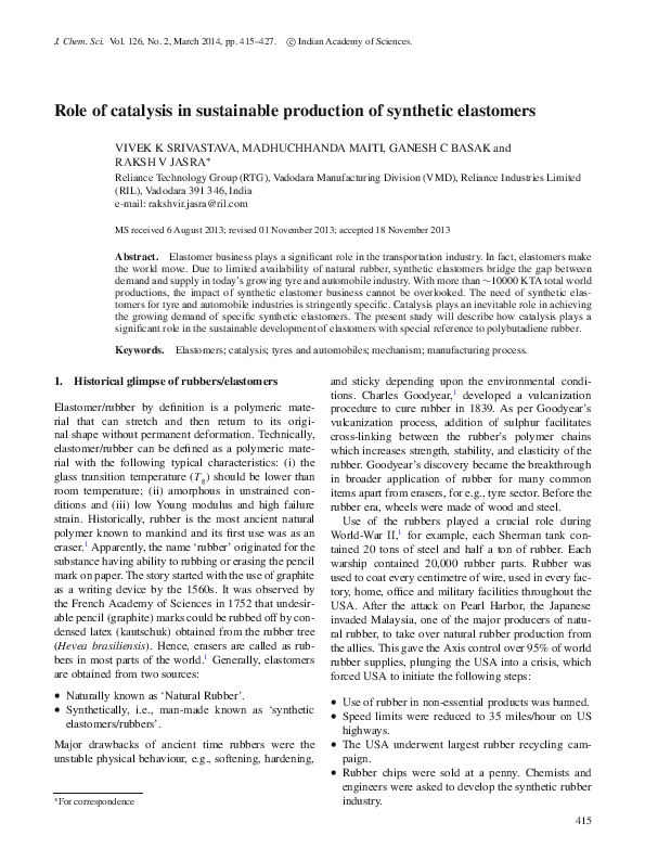 (PDF) Role of catalysis in sustainable production of synthetic elastomers