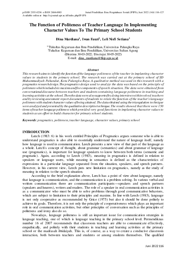 (PDF) The Function of Politeness of Teacher Language In Implementing Character Values To The ...