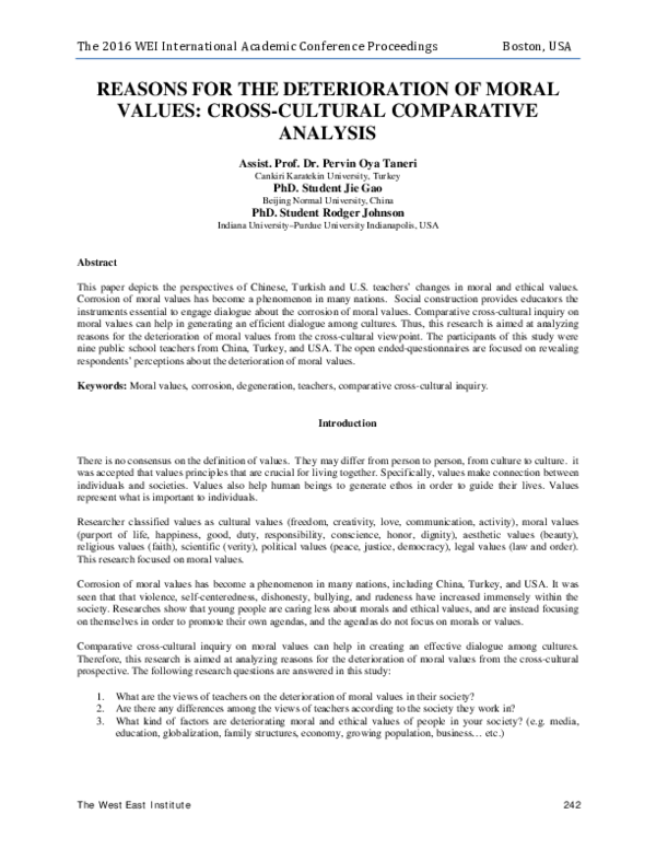 (PDF) Reasons for the Deterioration of Moral Values Cross Cultural ...