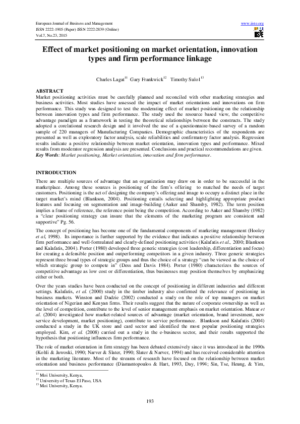 (PDF) Effect of market positioning on market orientation, innovation types and firm performance ...