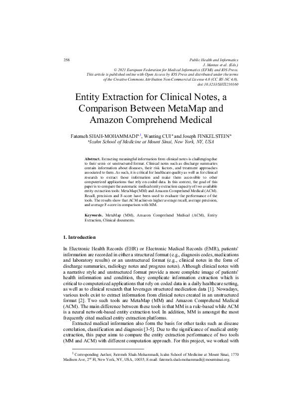 (PDF) Entity Extraction for Clinical Notes, a Comparison Between ...