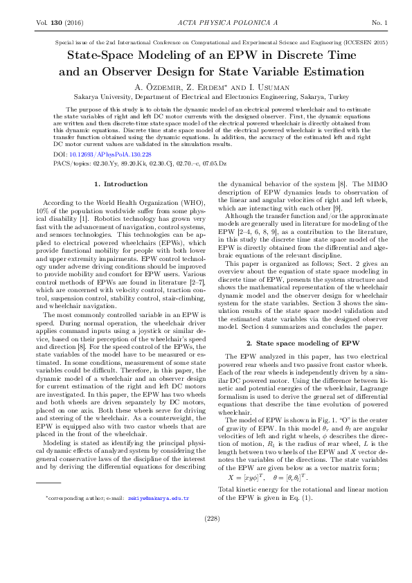 Pdf State Space Modeling Of An Epw In Discrete Time And An Observer