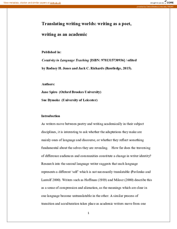 (PDF) Translating writing words: Writing as a poet, writing as an academic