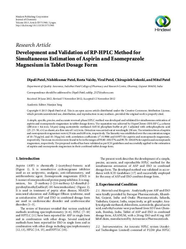 Pdf Development And Validation Of Rp Hplc Method For Simultaneous Estimation Of Aspirin And