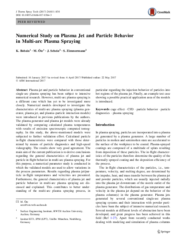 (PDF) Numerical Study on Plasma Jet and Particle Behavior in Multi-arc ...