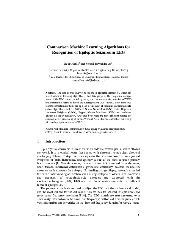 (PDF) Comparison Machine Learning Algorithms for Recognition of Epileptic Seizures in EEG
