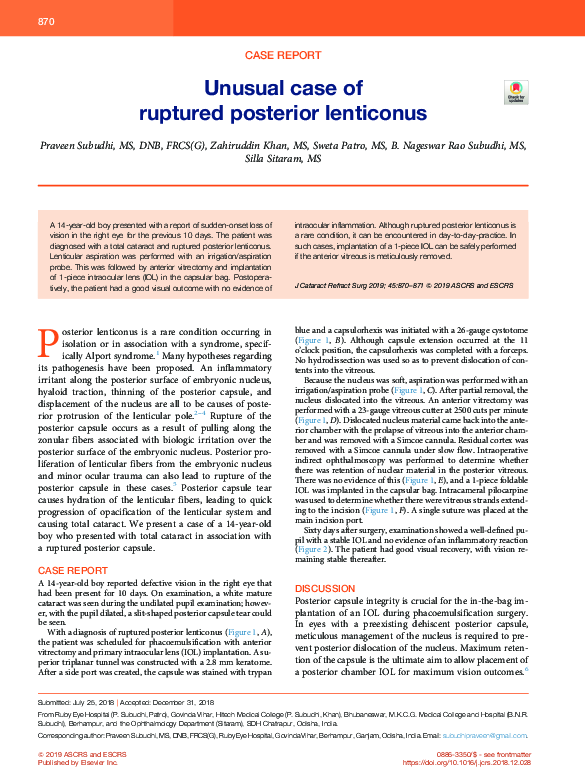 (PDF) Unusual case of ruptured posterior lenticonus | Praveen Subudhi ...