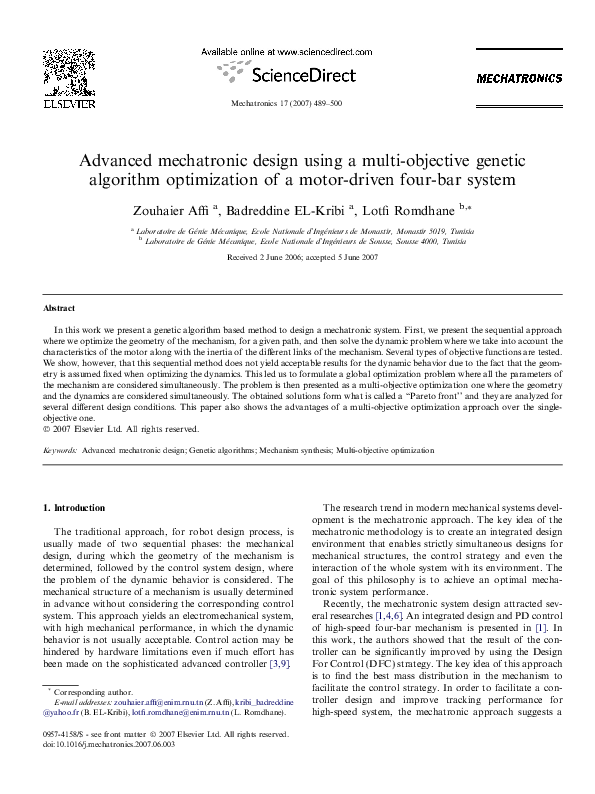 Pdf Advanced Mechatronic Design Using A Multi Objective Genetic Algorithm Optimization Of A 