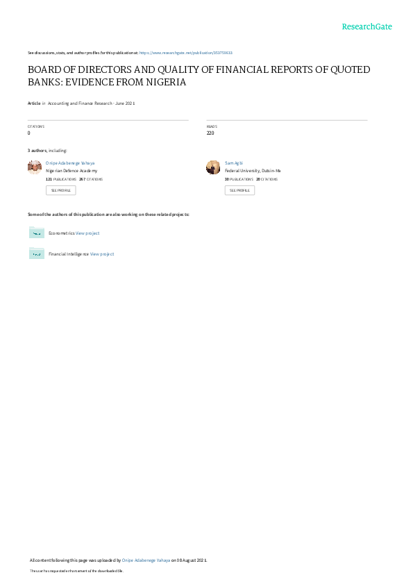 (PDF) Board of directors and quality of financial reports of quoted banks: Evidence from Nigeria