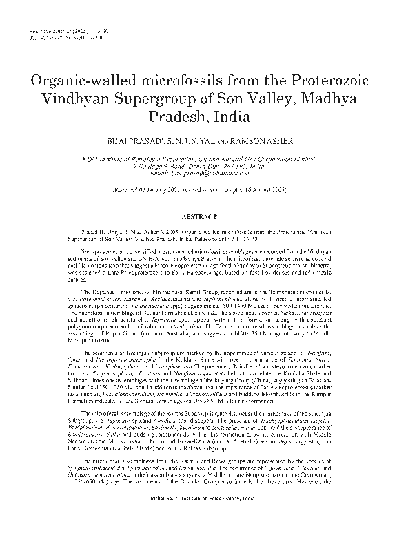 (PDF) Organic-walled microfossils from the Proterozoic Vindhyan ...