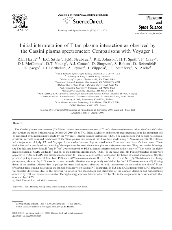 (PDF) Initial interpretation of Titan plasma interaction as observed by ...