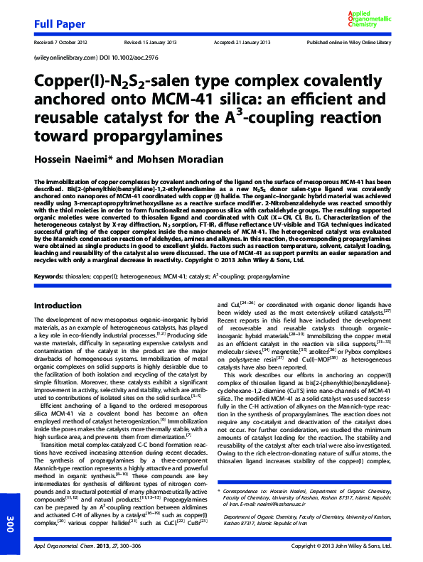 (PDF) Copper(I)-N2 S2 -salen type complex covalently anchored onto MCM ...