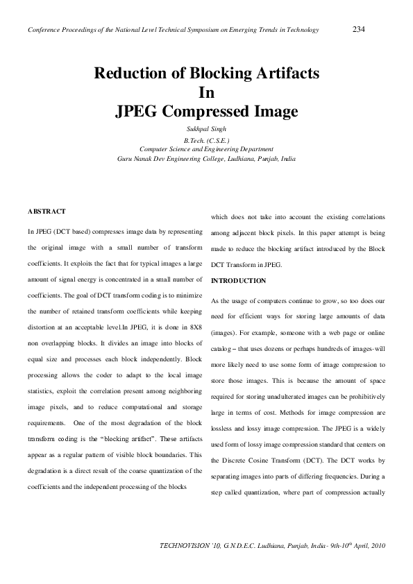 (PDF) Reduction of blocking artifacts in JPEG compressed images | Harsh Verma - Academia.edu