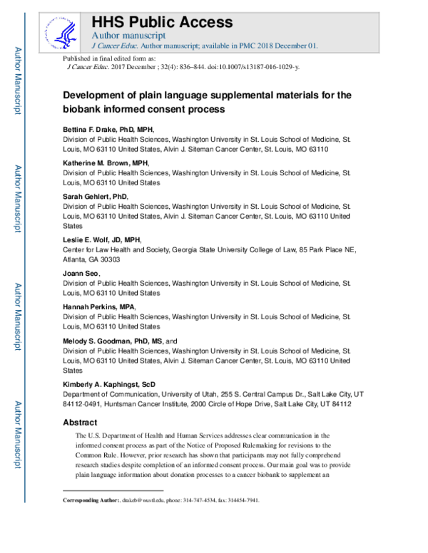 (PDF) Development of Plain Language Supplemental Materials for the ...