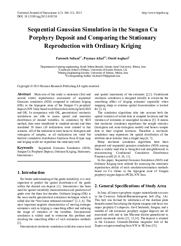 (PDF) Sequential Gaussian Simulation in the Sungun Cu Porphyry Deposit and Comparing the ...