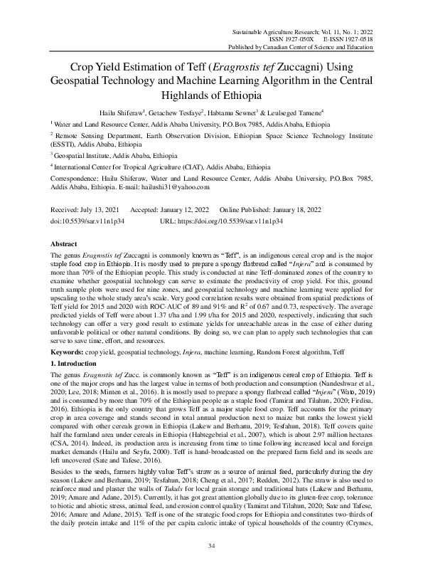 (PDF) Crop Yield Estimation of Teff (Eragrostis tef Zuccagni) Using Geospatial Technology and ...