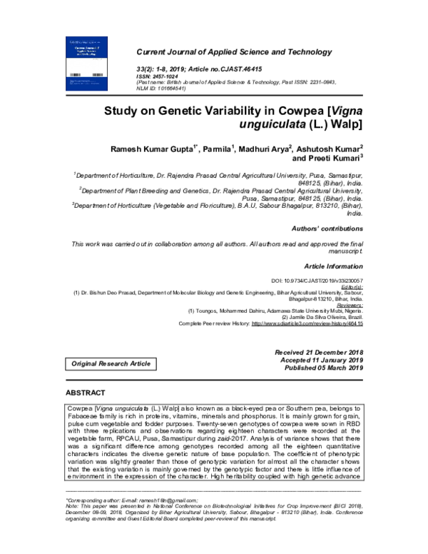 (PDF) Study on Genetic Variability in Cowpea [Vigna unguiculata (L.) Walp]