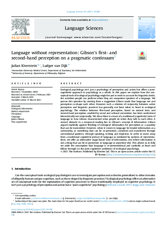 (PDF) Language without representation: Gibson's first- and second-hand perception on a pragmatic ...