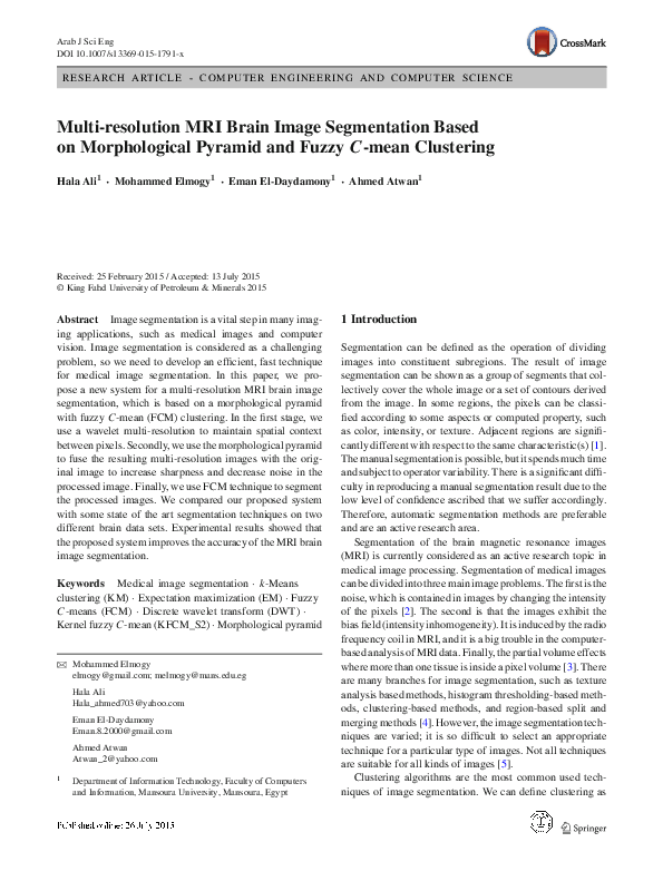 (PDF) Multi-resolution MRI Brain Image Segmentation Based on Morphological Pyramid and Fuzzy C ...
