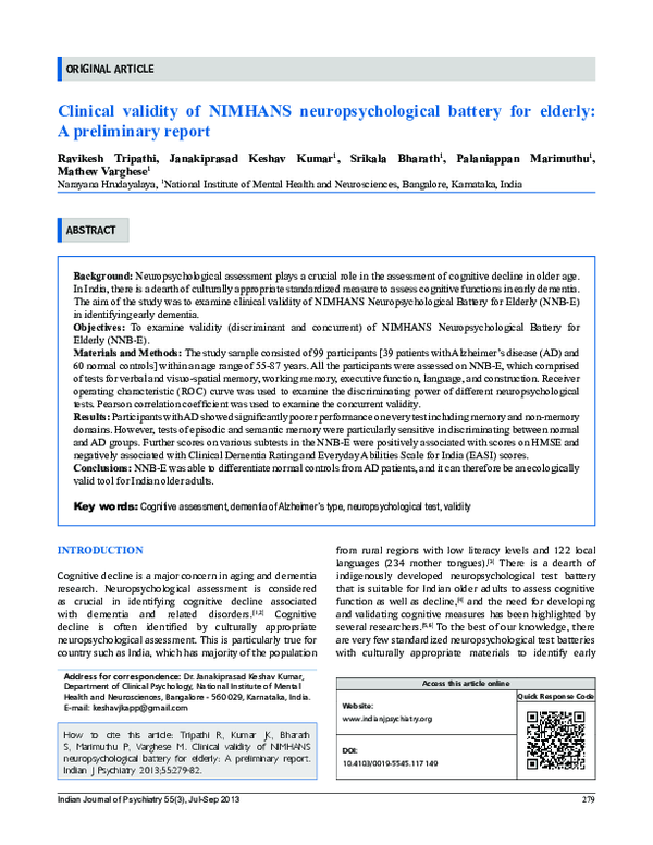 (PDF) Clinical validity of NIMHANS neuropsychological battery for ...