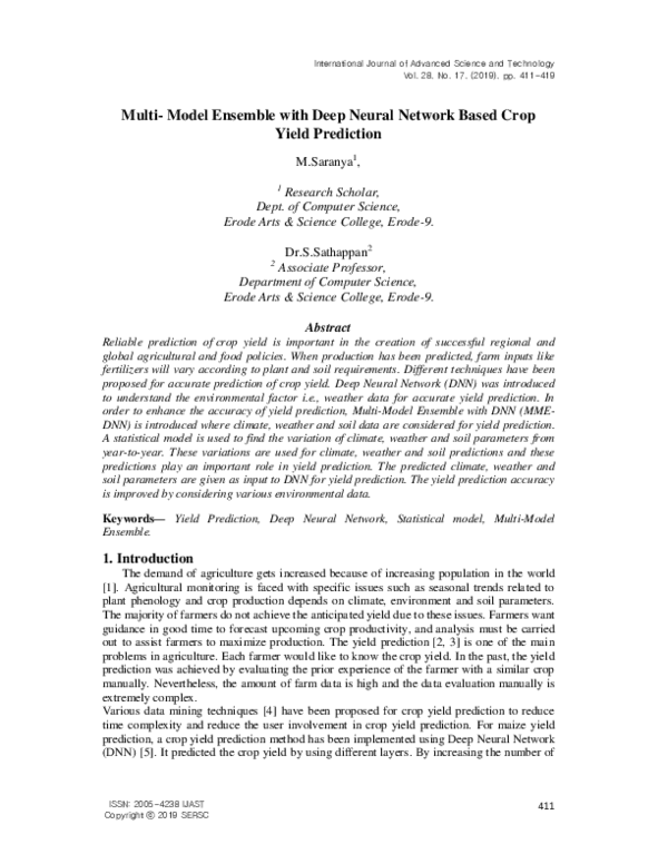 Pdf Multi Model Ensemble With Deep Neural Network Based Crop Yield Prediction Saranya M
