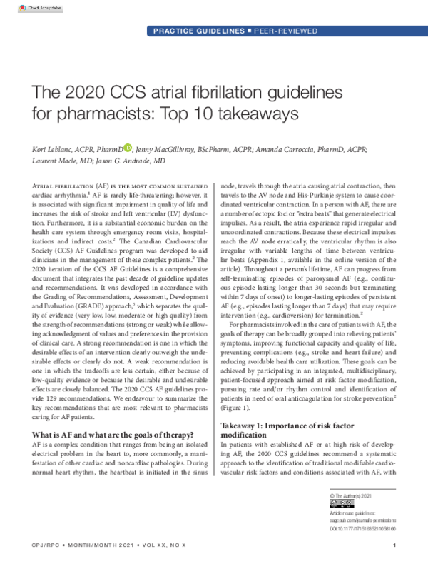 (PDF) The 2020 CCS atrial fibrillation guidelines for pharmacists: Top ...