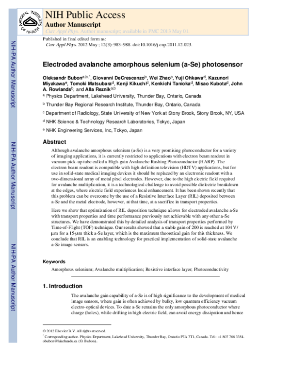 (PDF) Electroded avalanche amorphous selenium (a-Se) photosensor