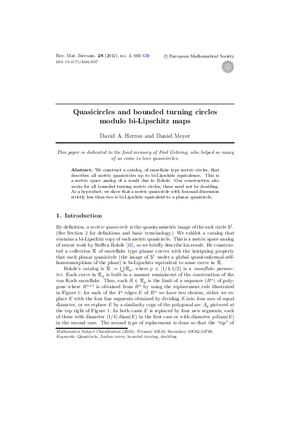 Pdf Quasicircles And Bounded Turning Circles Modulo Bi Lipschitz Maps