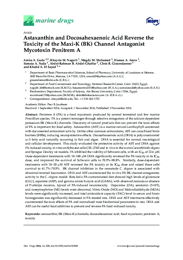 (PDF) Astaxanthin and Docosahexaenoic Acid Reverse the Toxicity of the ...
