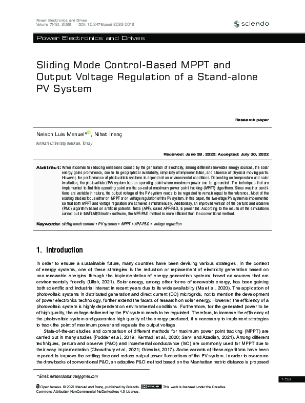 Pdf Sliding Mode Control Based Mppt And Output Voltage Regulation Of