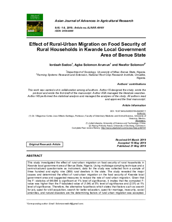 (PDF) Effect of Rural-Urban Migration on Food Security of Rural Households in Kwande Local ...