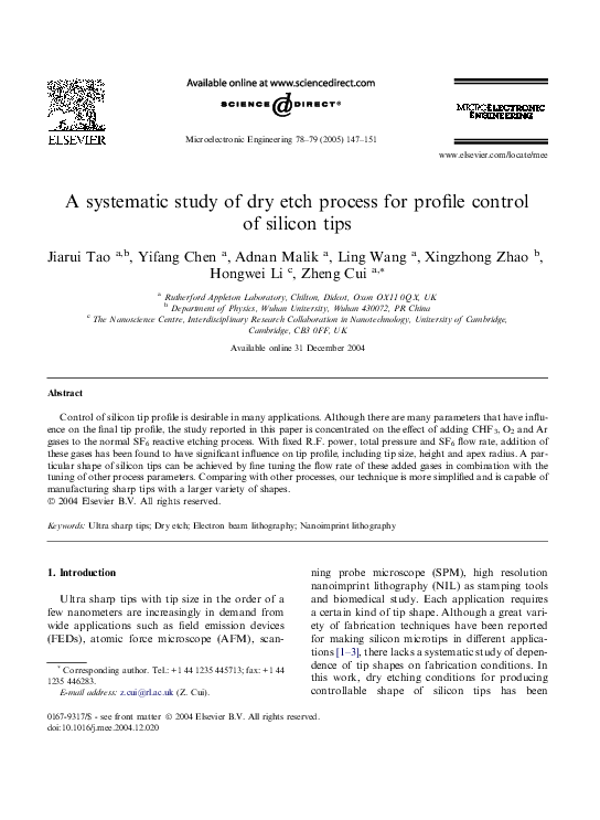 (PDF) A systematic study of dry etch process for profile control of silicon tips