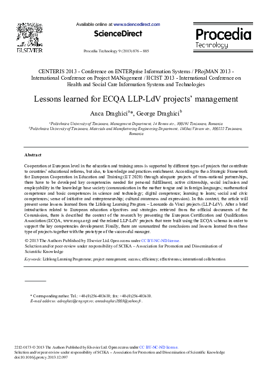 (PDF) Lessons Learned for ECQA LLP-LdV Projects’ Management