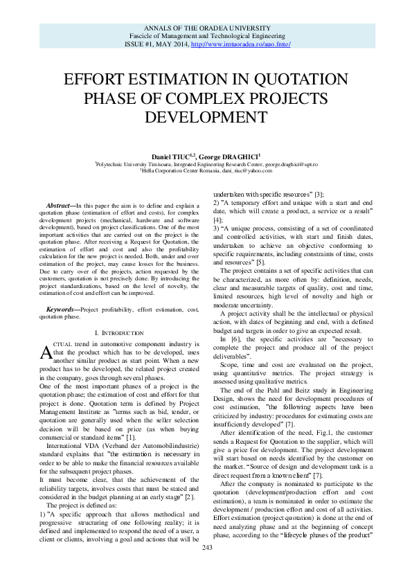 (PDF) Effort Estimation in Quotation Phase of Complex Projects Development