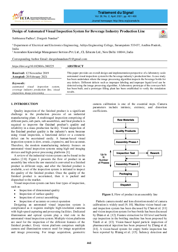 (PDF) Design of Automated Visual Inspection System for Beverage Industry Production Line
