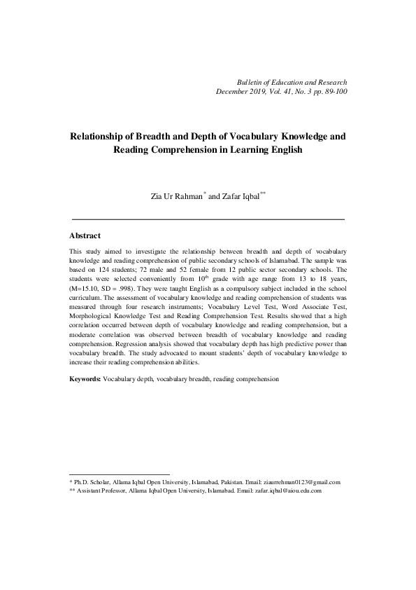 (PDF) Relationship of Breadth and Depth of Vocabulary Knowledge and ...