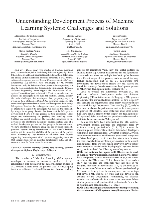 Pdf Understanding Development Process Of Machine Learning Systems Challenges And Solutions
