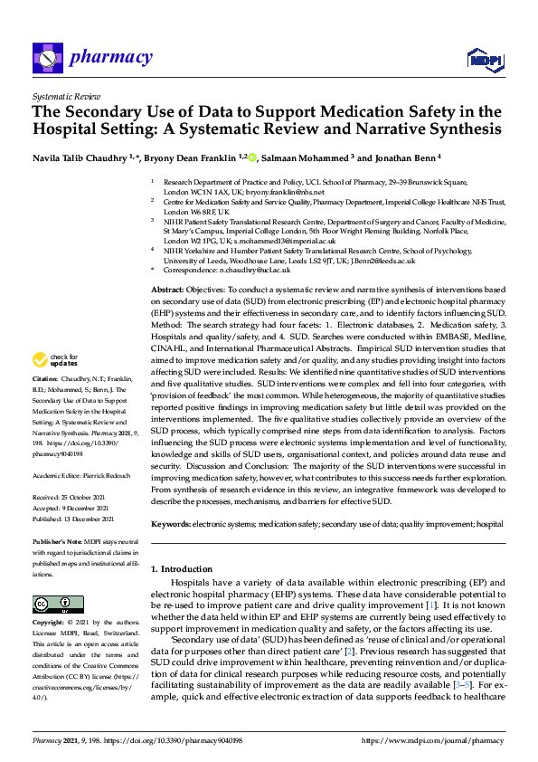 (PDF) The Secondary Use of Data to Support Medication Safety in the Hospital Setting: A ...